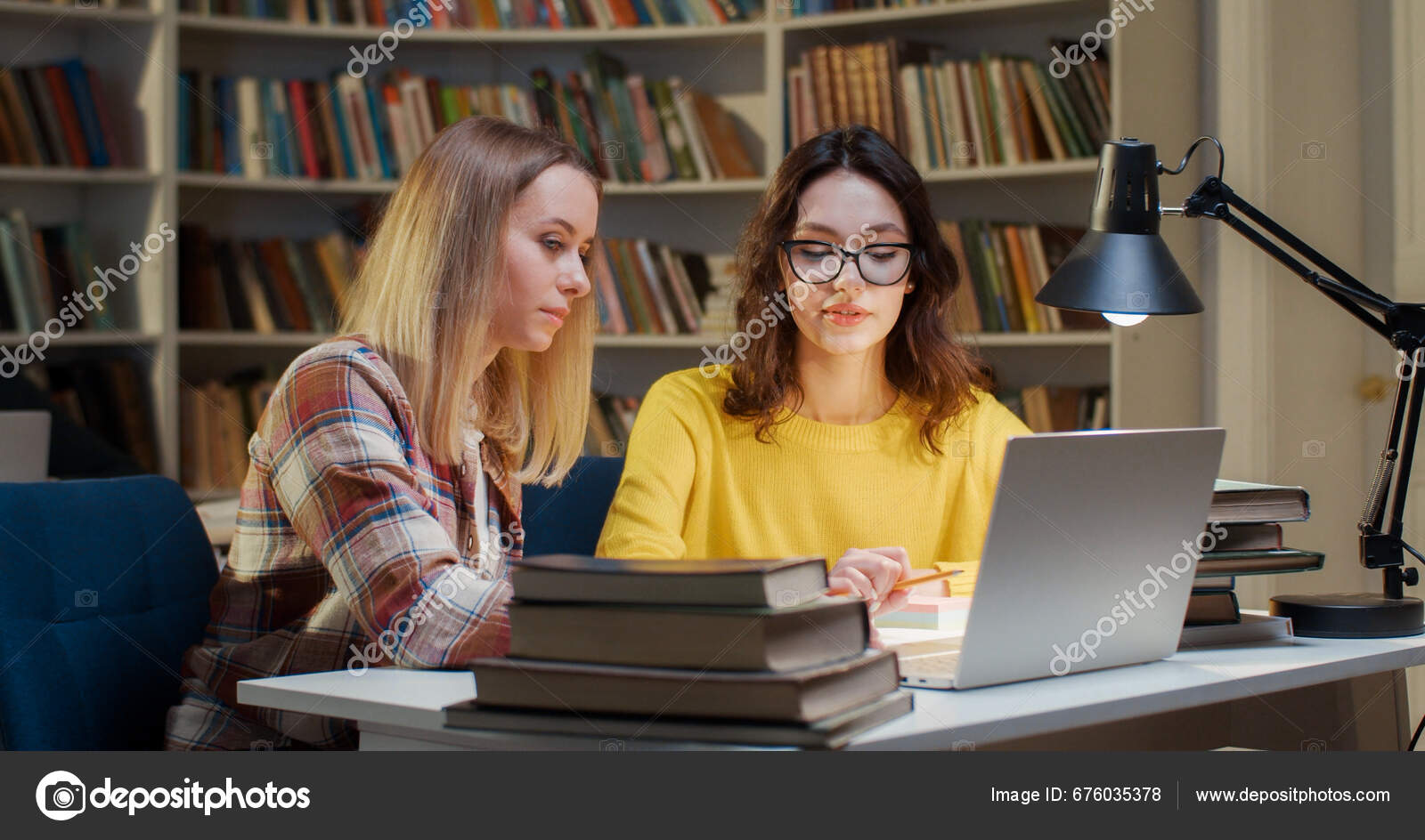 Two Caucasian Young Females Students Studying Laptop Together Library ...