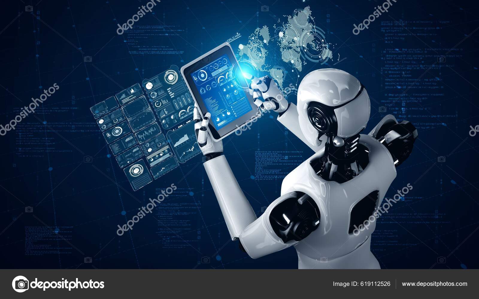Robot Hominoid Using Tablet Computer Big Data Analytic Using Thinking — Stock Photo © BiancoBlue ...