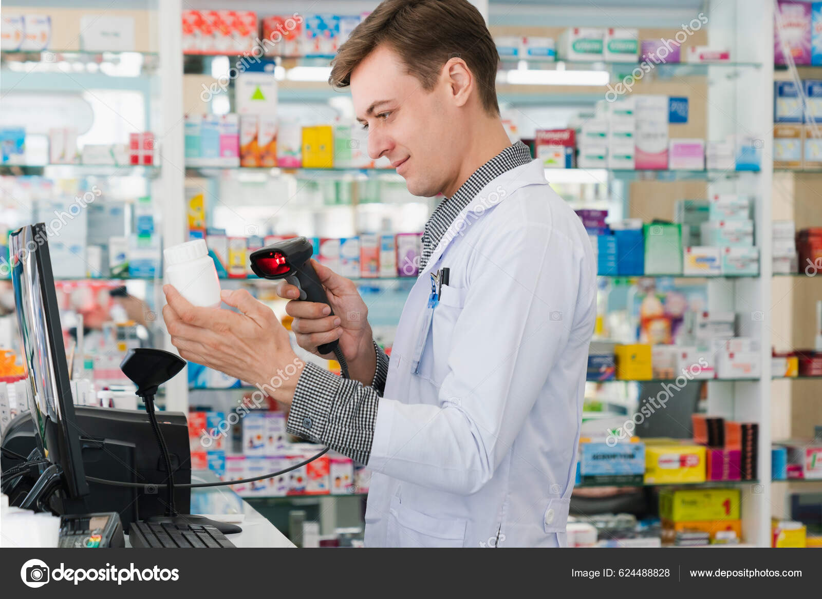 Portrait Young Pharmacist Scanning Barcode Mockup Qualified ...