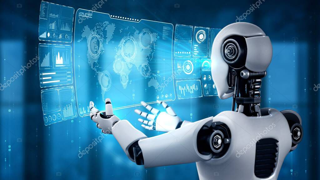 AI hominoid robot holding virtual hologram screen showing concept of ...