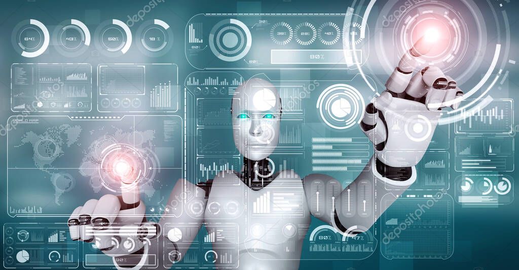 AI hominoid robot touching virtual hologram screen showing concept of ...