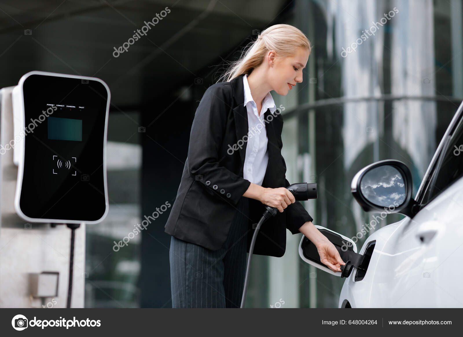 Progressive Businesswoman Insert Charger Plug Charging Station Her ...