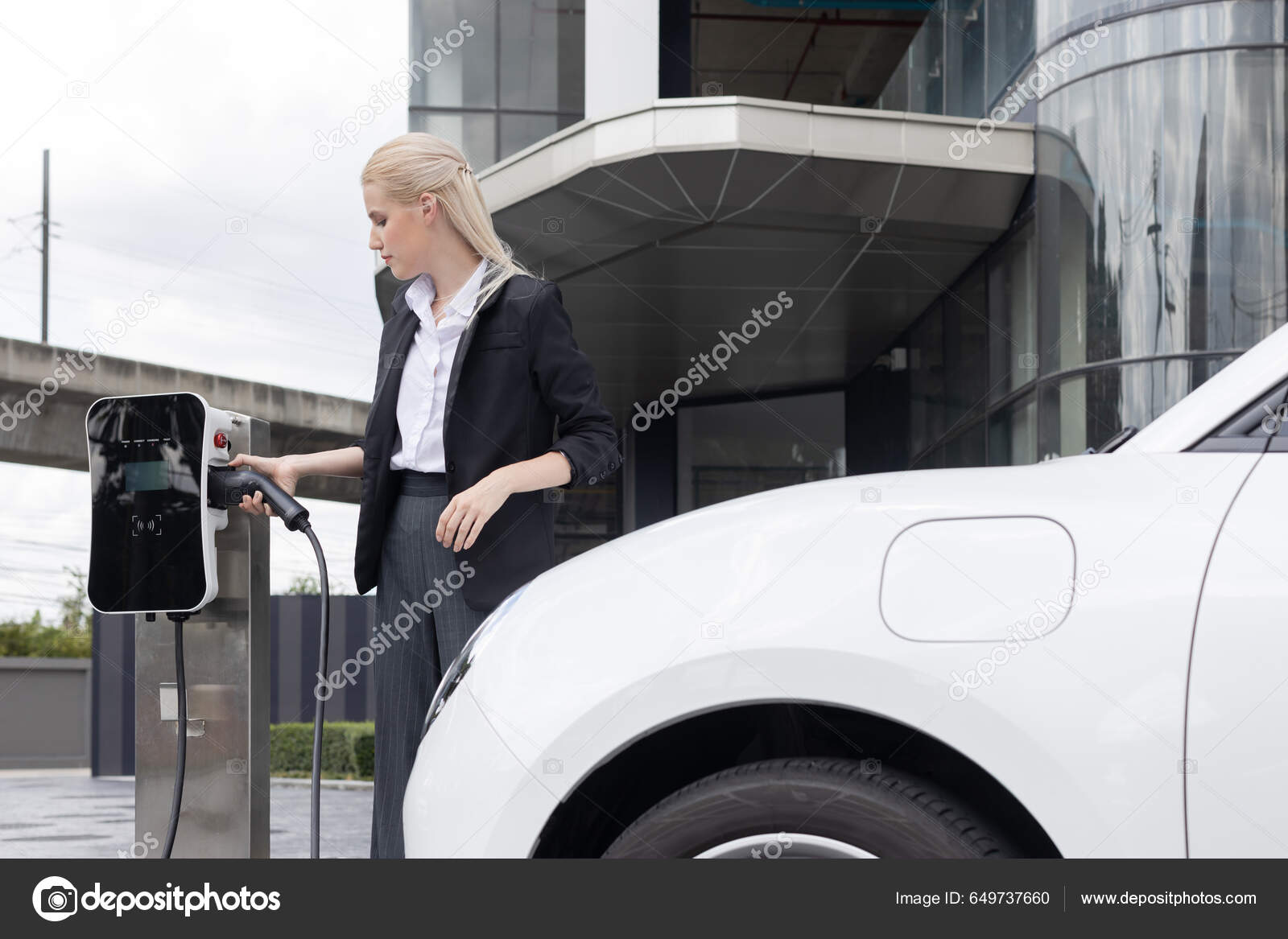 Progressive Businesswoman Insert Charger Plug Charging Station Her ...