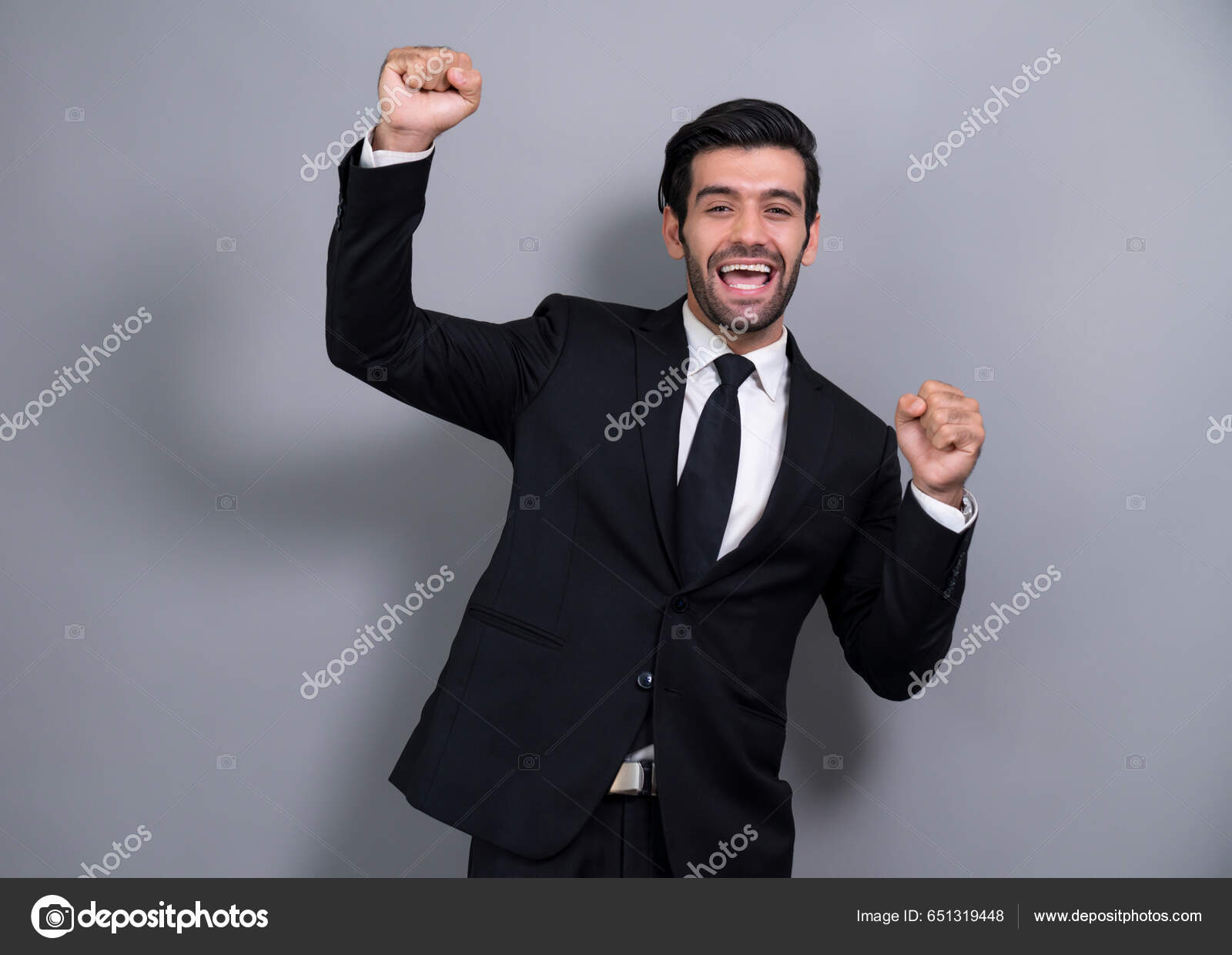Excited Happy Businessman Dressed Black Formal Suit Raise His Arm ...