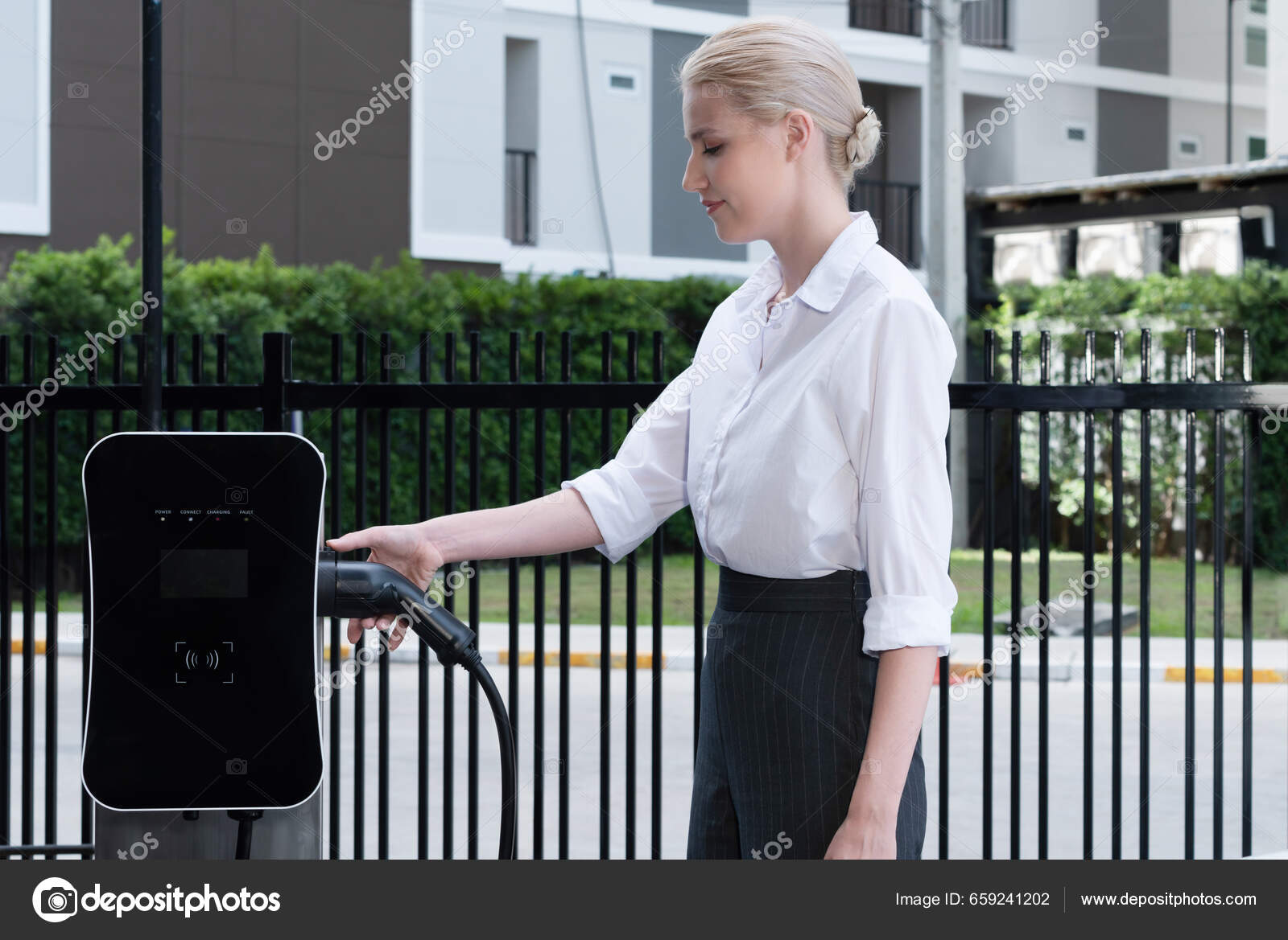 Progressive Businesswoman Insert Charger Plug Charging Station Her ...