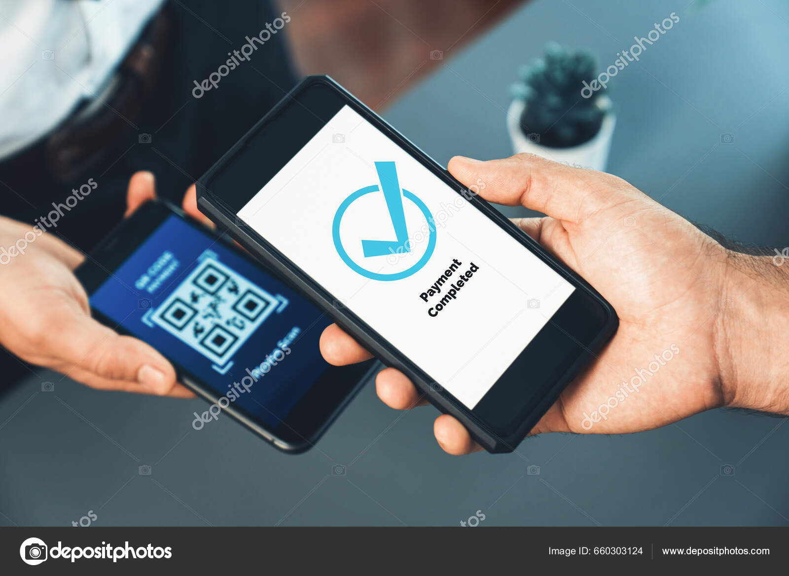 Code Displayed Screen Cashless Payment Scanning Closeup Hands Hold ...