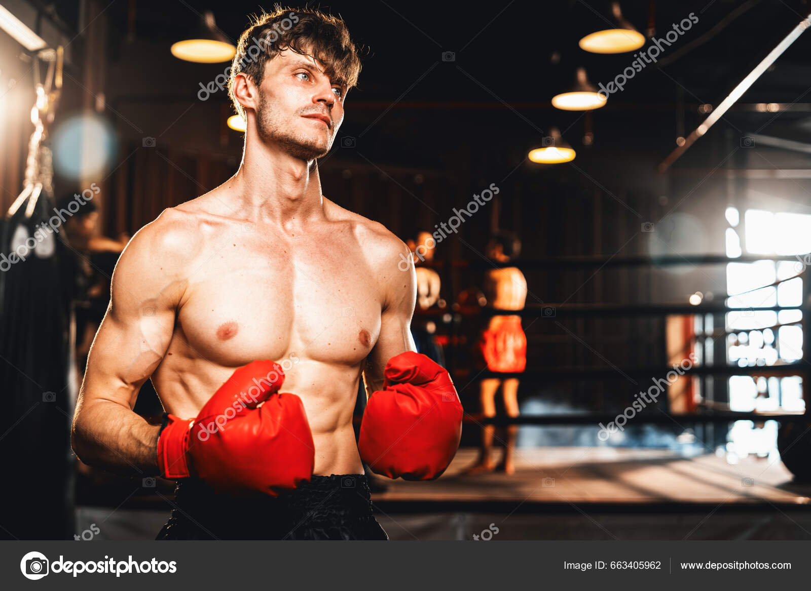 Boxing Fighter Shirtless Posing Caucasian Man Boxer Wearing Red Glove ...