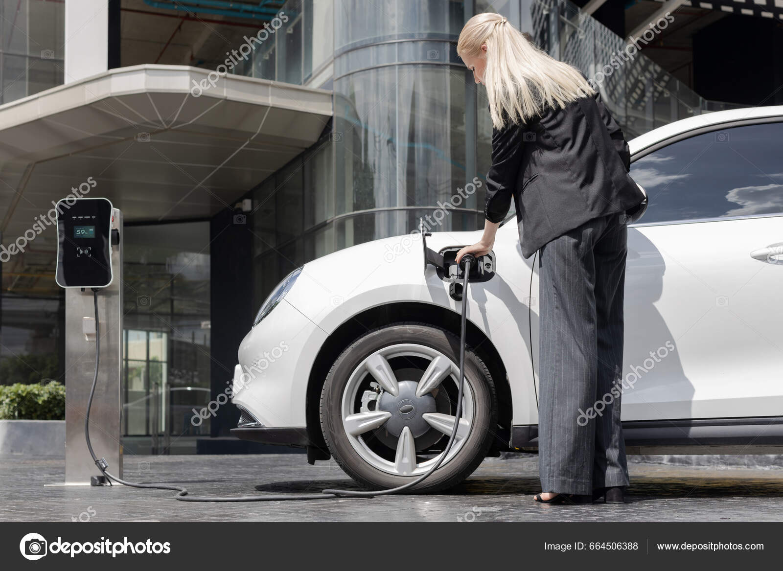 Progressive Businesswoman Insert Charger Plug Charging Station Her ...
