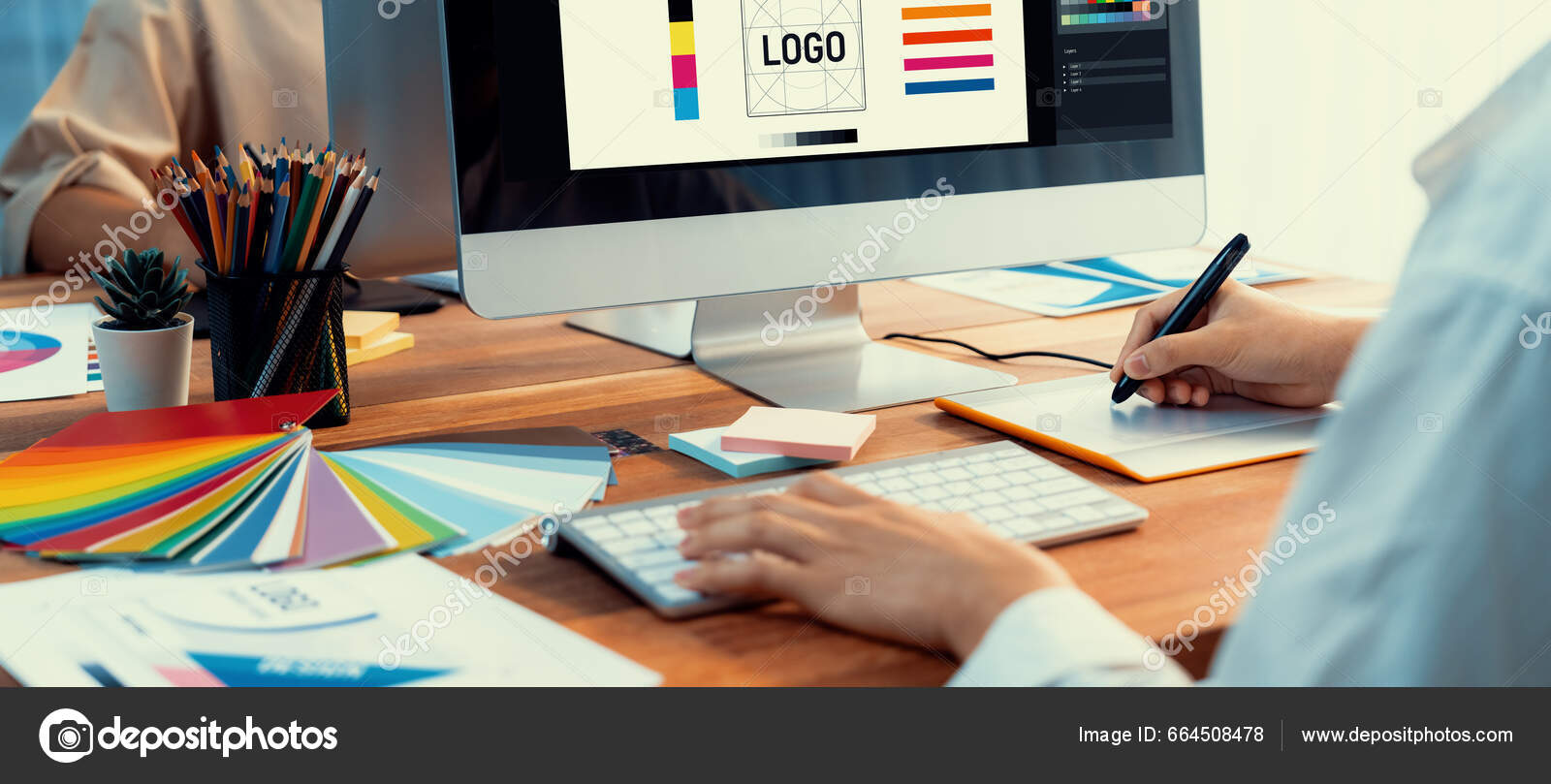 Graphic Designer Work Computer Laptop Graphic Drawing Pen While ...