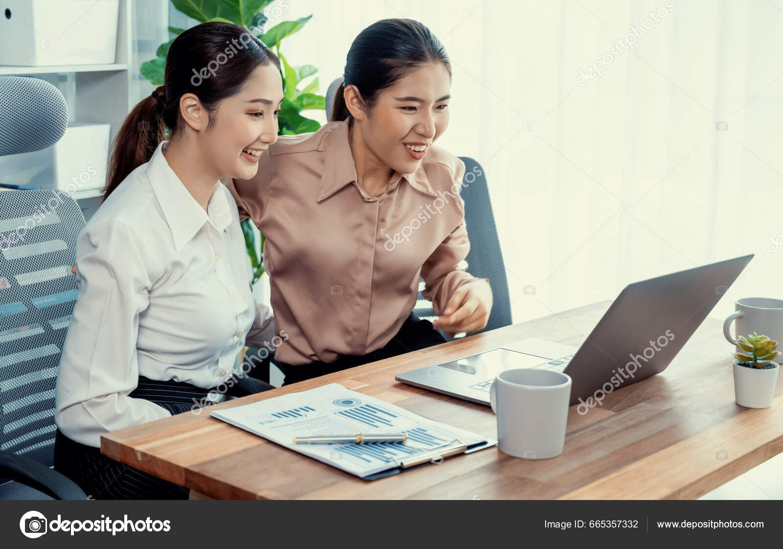Two Young Office Lady Colleagues Collaborating Modern Office Workspace ...