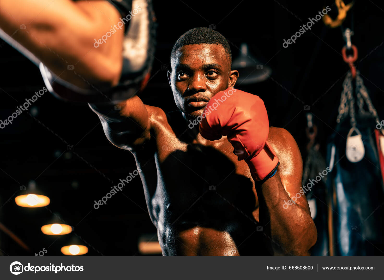 African American Black Boxer Punching Trainer Coach Wearing Punching ...