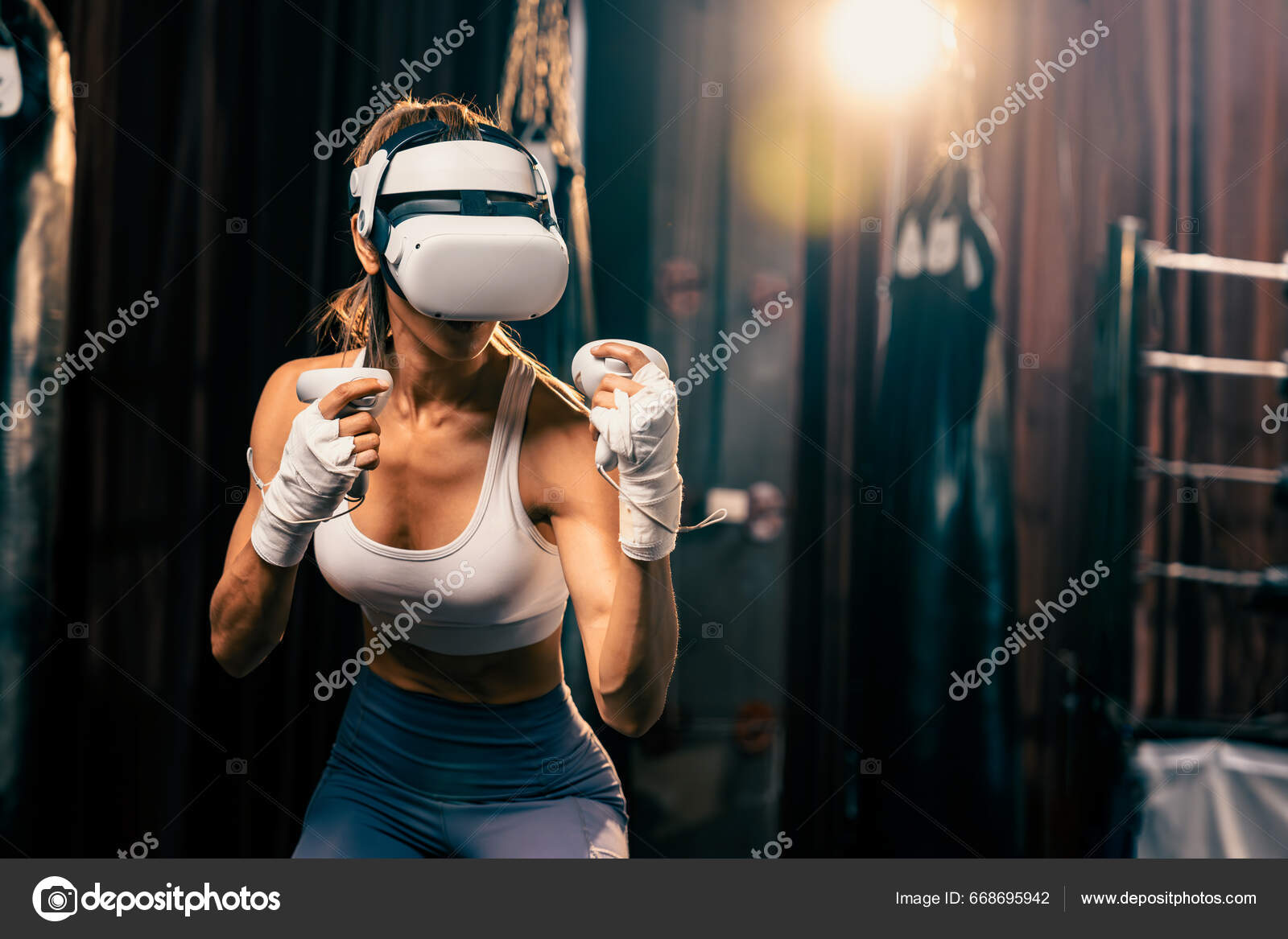 Female Boxer Training Virtual Reality Wearing Headset Immersive Boxing ...