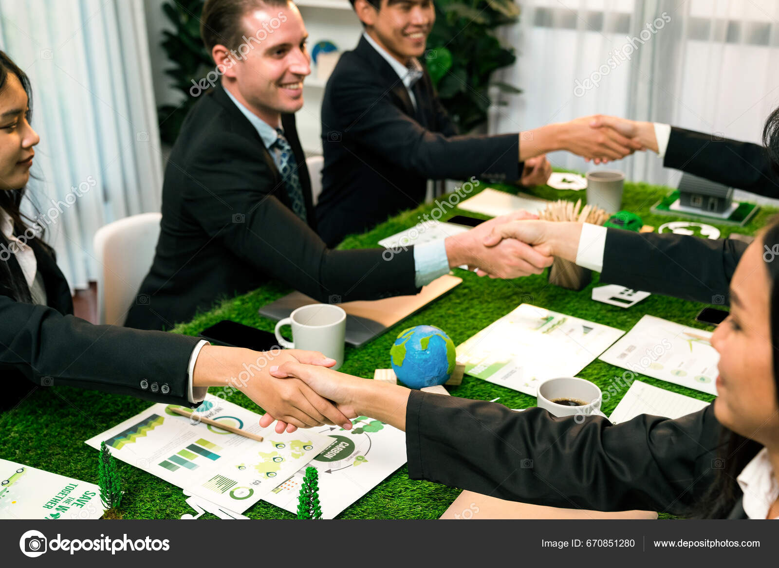 Handshaking Green Business Partnership Meeting Table Made Successful ...