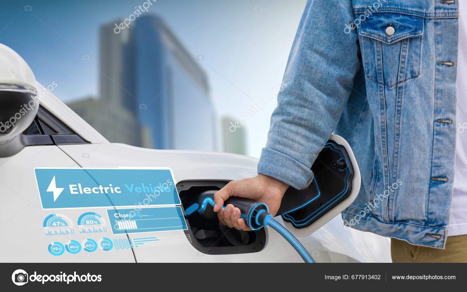 Hand Insert Charger Recharge Electric Car Charging Station Displaying ...