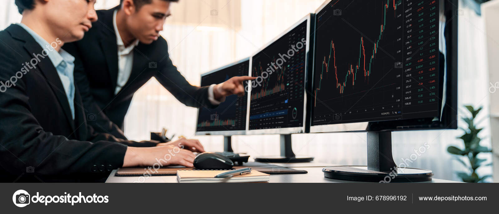 Group Traders Discussing Office Desk Monitoring Stock Market Monitor ...