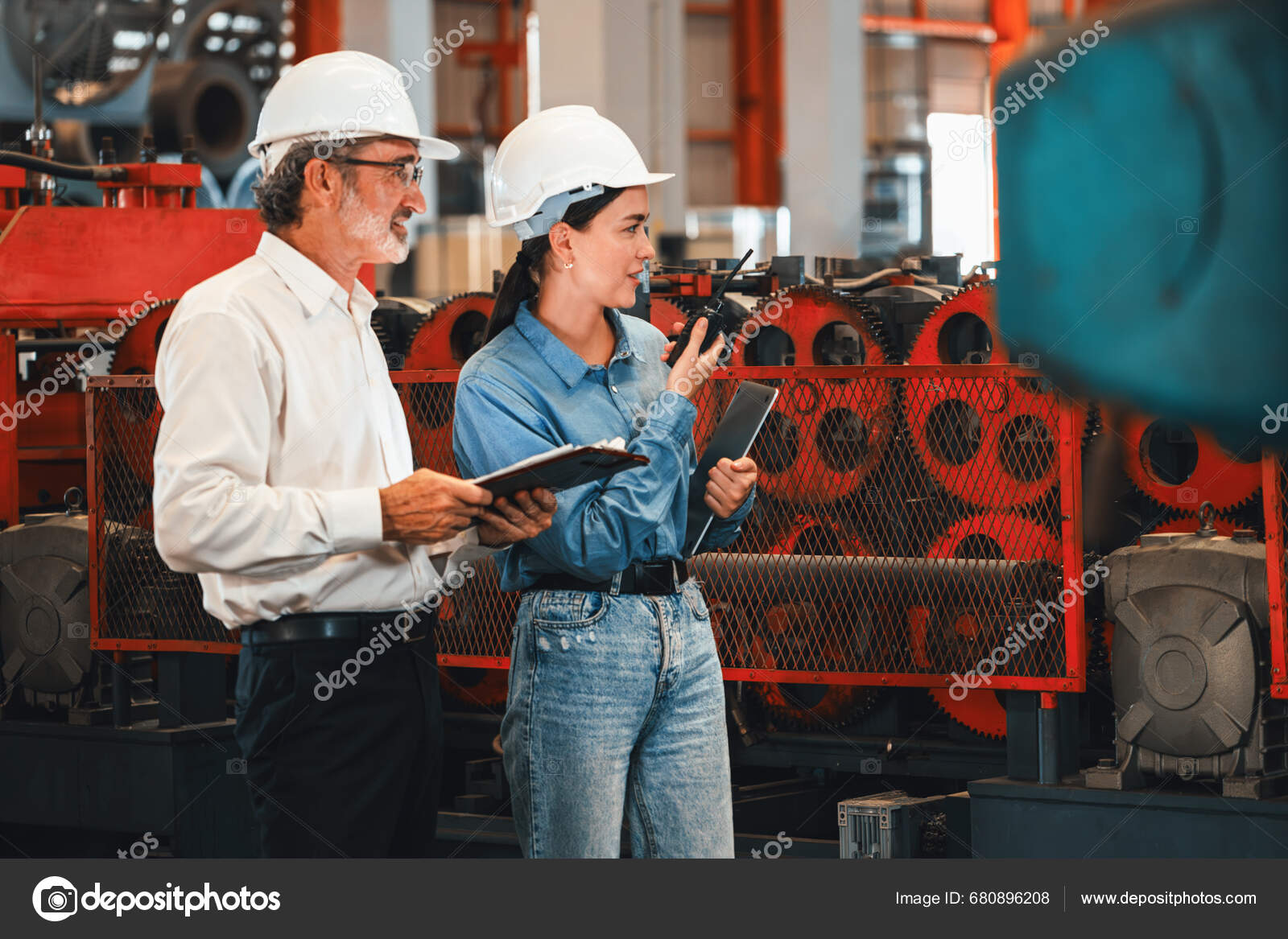 Factory Engineer Manager Assistant Using Laptop Conduct Inspection ...