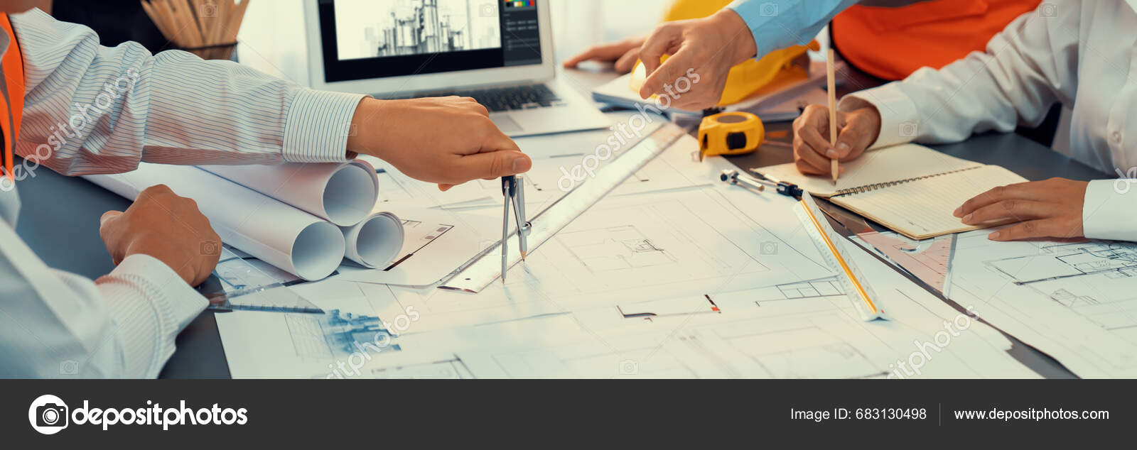 Architect Engineer Working Building Blueprint Contractor Designing ...