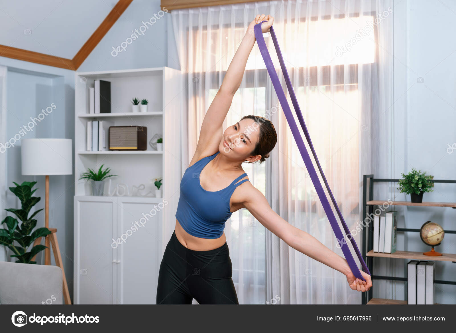 Vigorous Energetic Woman Doing Exercise Home Stretching Resistance