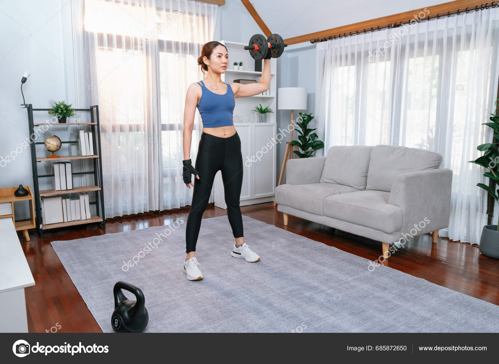 Vigorous Energetic Woman Doing Dumbbell Weight Lifting Exercise Home ...