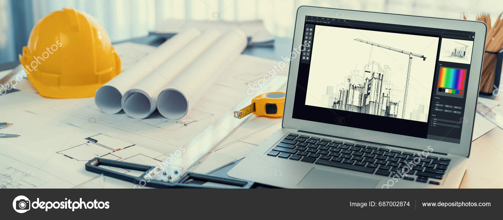 Digital Blueprint Architecture Design Software Laptop Screen Documents ...