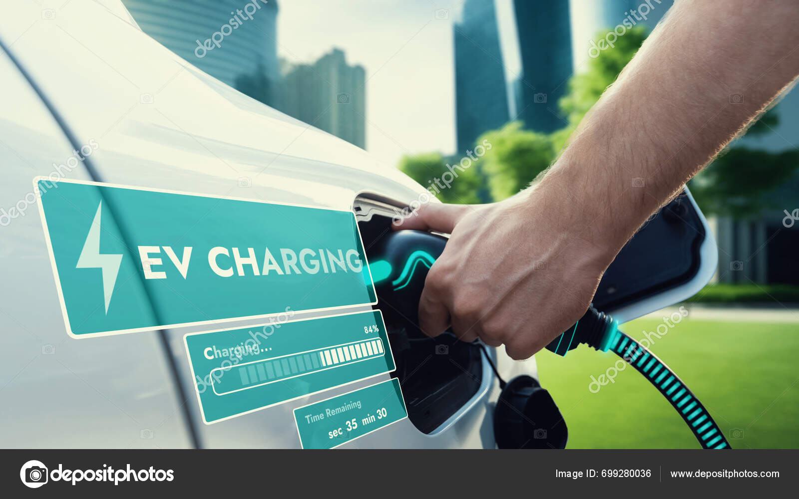 Hand Insert Charger Recharge Electric Car Charging Station Displaying ...