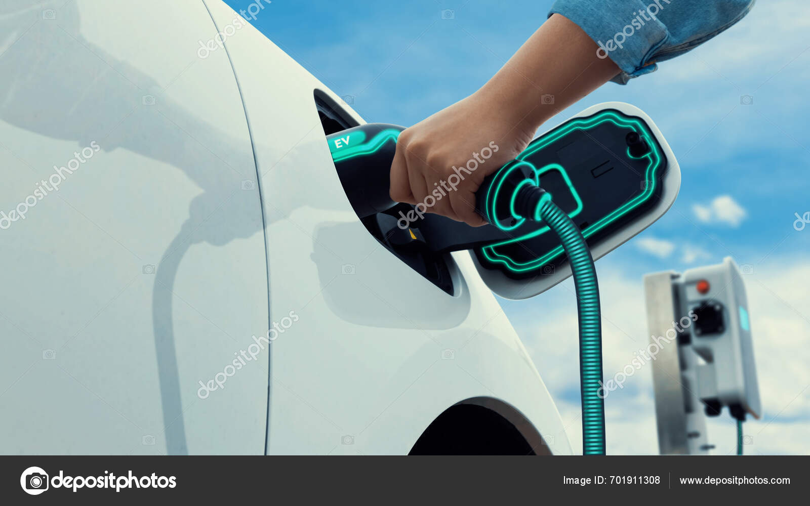 Asian Man Insert Charger Recharge His Electric Car Recharging Energy ...