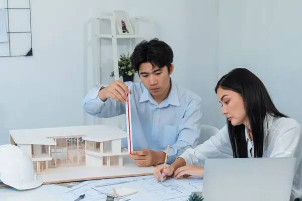 Professional Male Asian Architect Using Ruler Measure House Model ...
