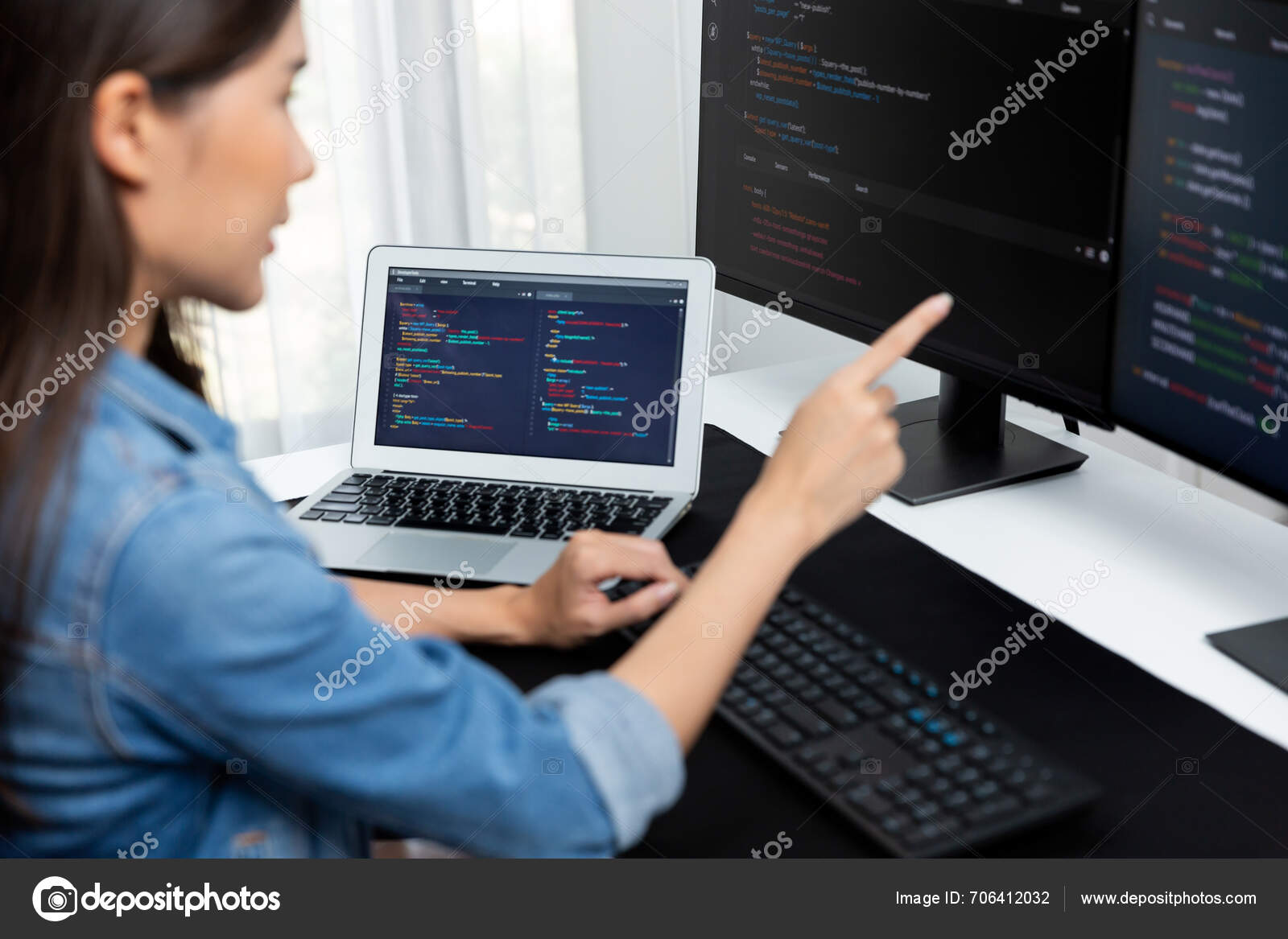 Young Asian Girl Developer Pointing Online Information Coding Program Data — Stock Photo ...