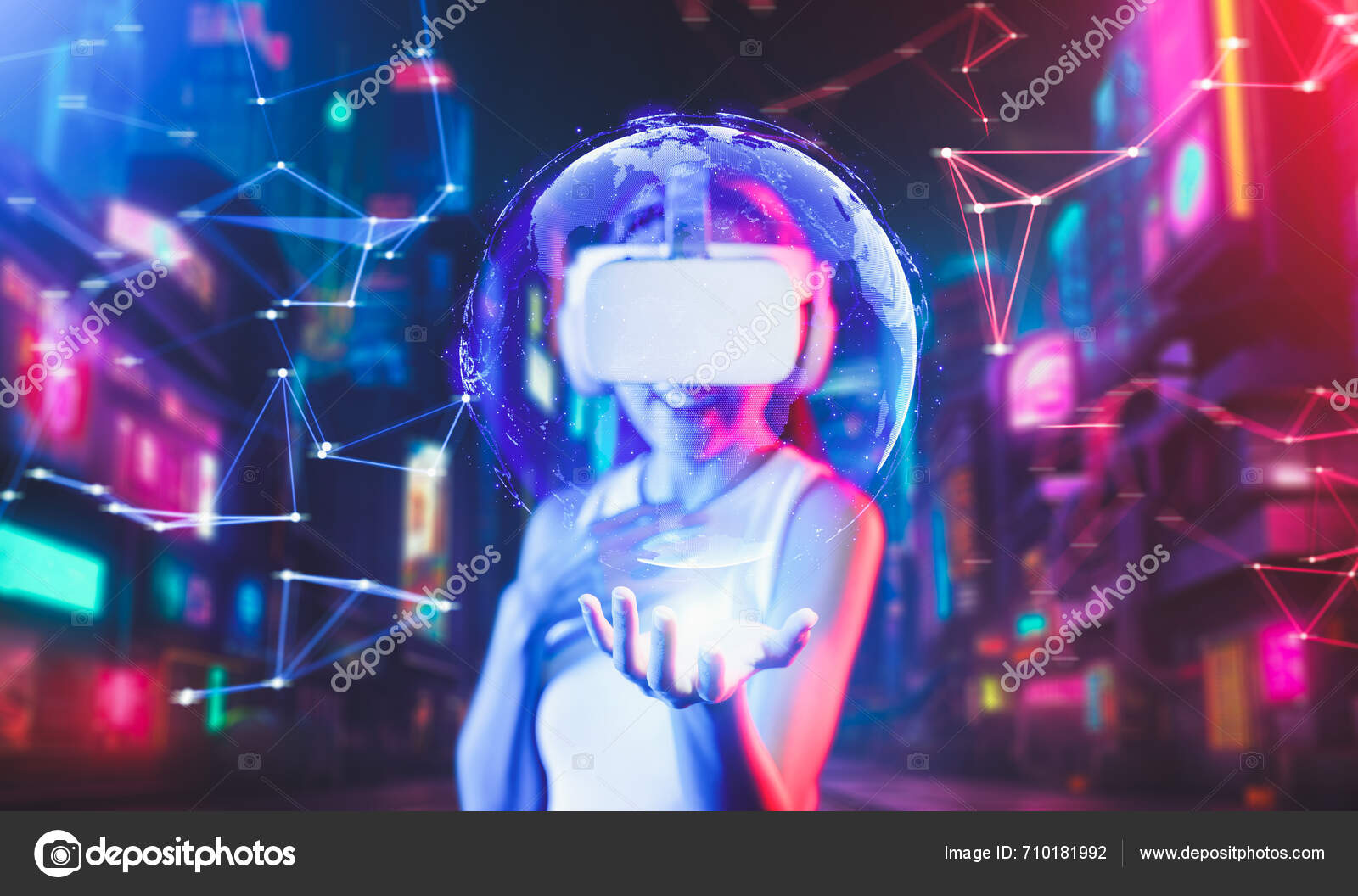 Female Standing Virtual Cyberpunk Style Building Wear Headset ...