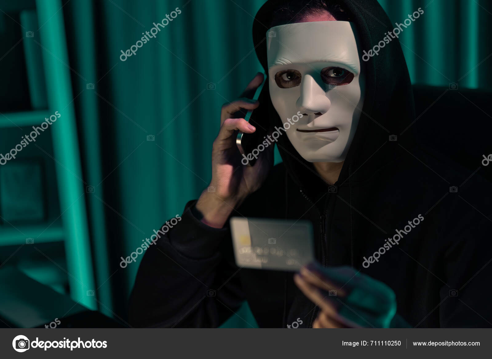 White Criminal Anonymous Mask Calling Credit Card Owner Threaten Ransom ...