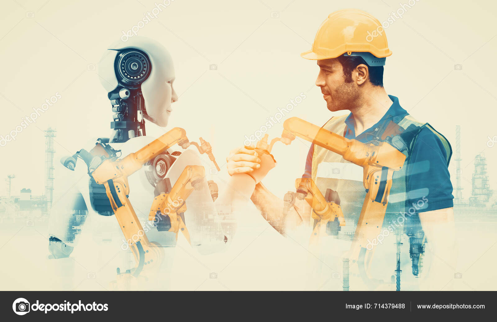 Robot Industri Mekanik Xai Dan Pekerja Manusia Bekerja Sama Pabrik ...