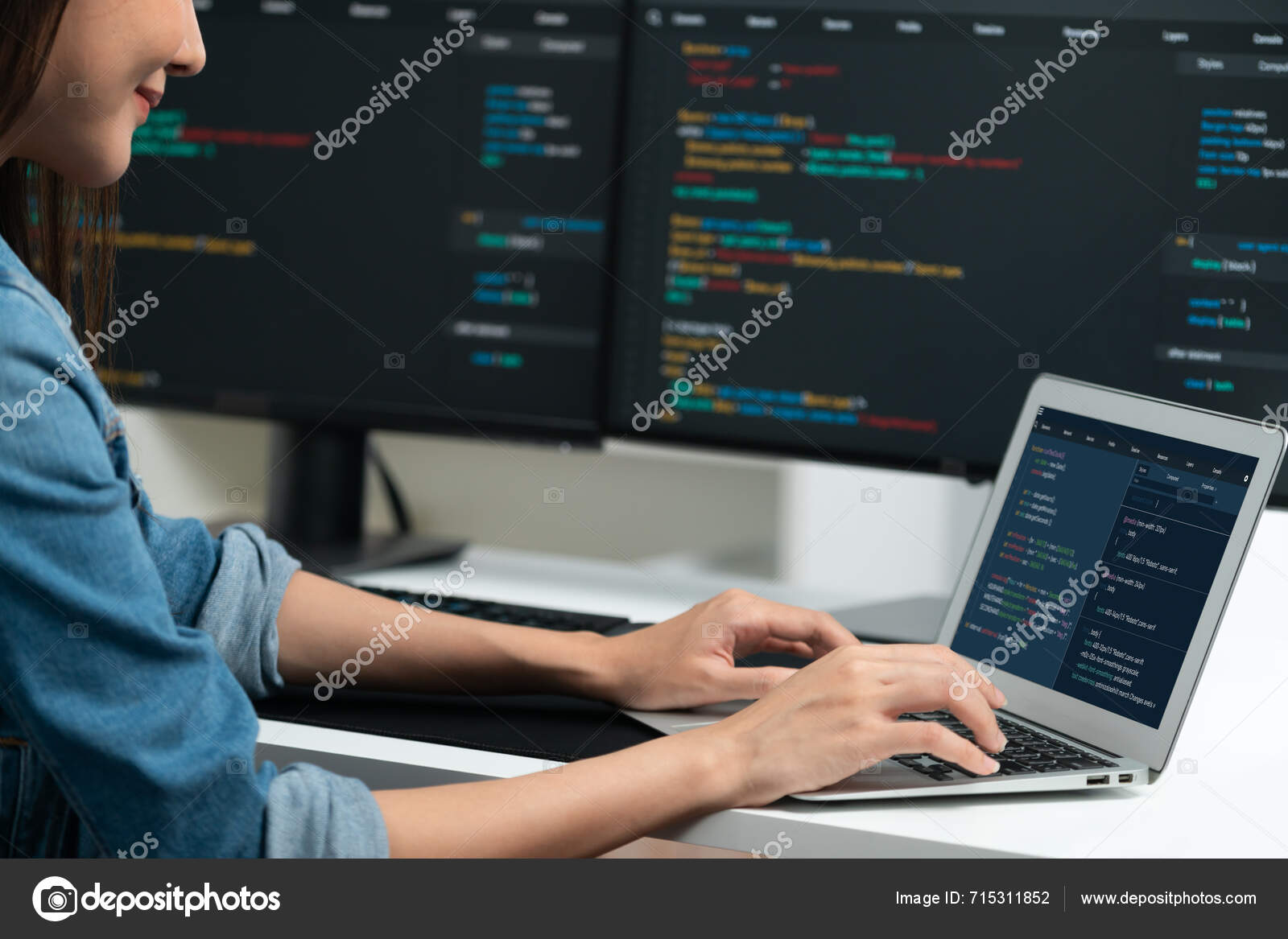 Smiling Young Asian Developer Creating Typing Online Information Laptop ...