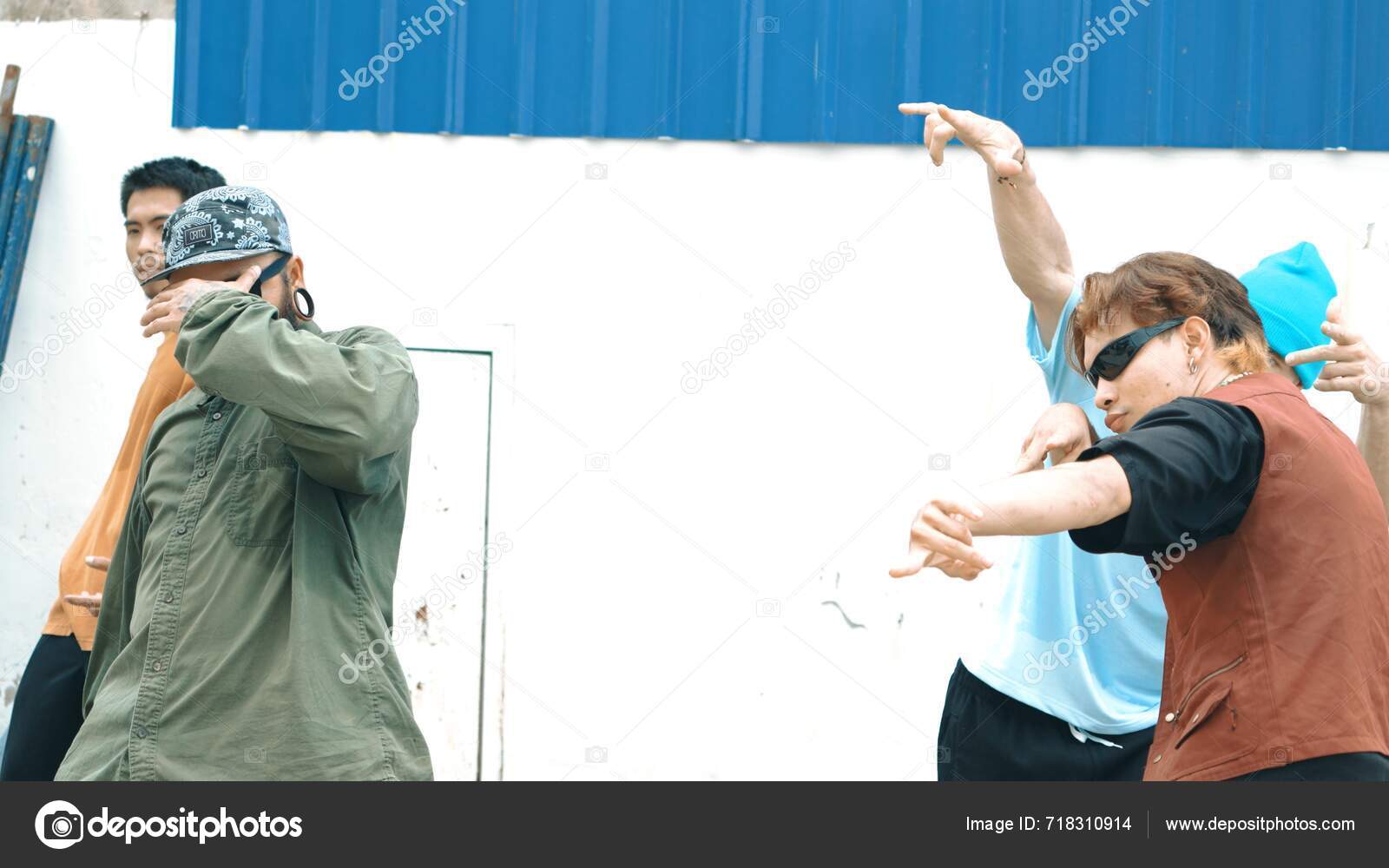 Attractive Hipster Dancing Street Dance Wall While Friend Cheer ...