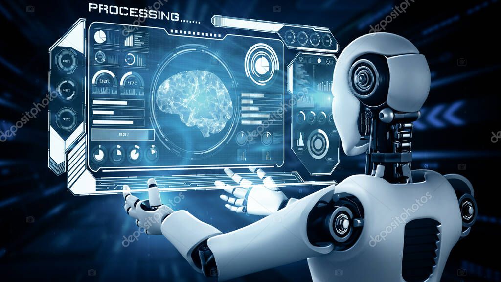 Ilustración MLP 3D Robot hominoide AI con pantalla de holograma virtual que muestra el concepto ...