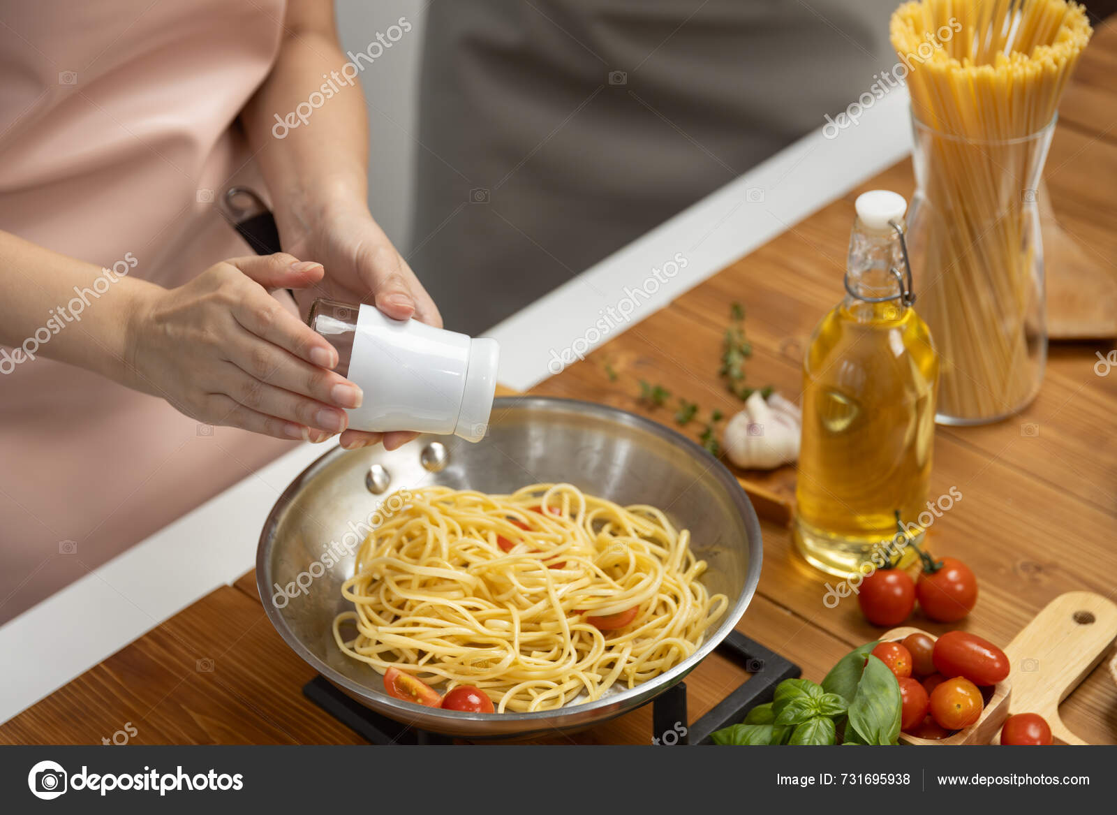 Close Hand Chef Influencer Cooking Spaghetti Mix Ingredient Taking ...