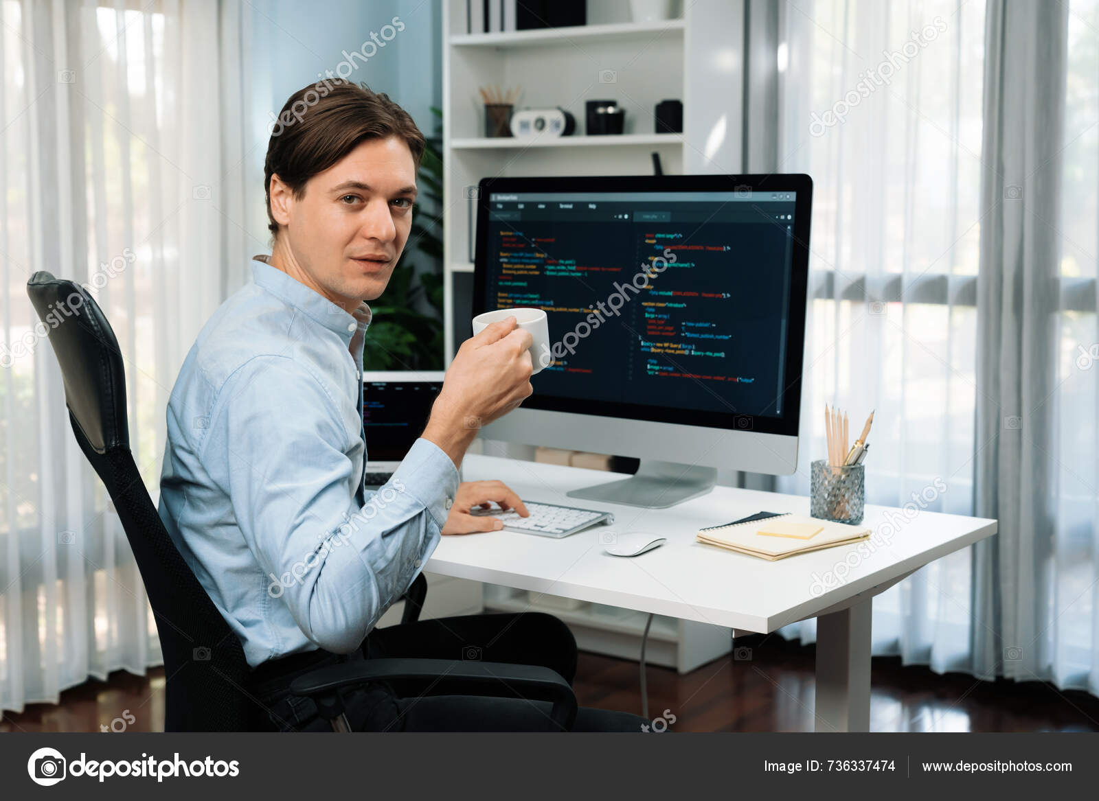 Developer Looking Camera Holding Coffee Cup Online Software Laptop Monitor — Stock Photo ...