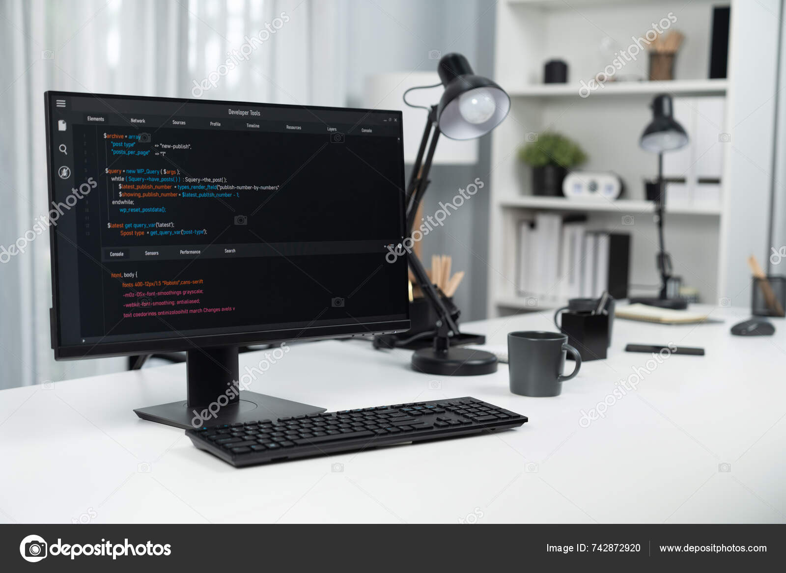 Programming Code Computer Screen Desktop Placing Working Desk Showing ...