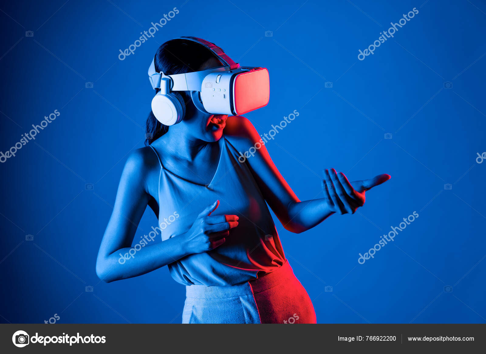 Smart Female Standing Wearing Headset Connecting Metaverse Future ...